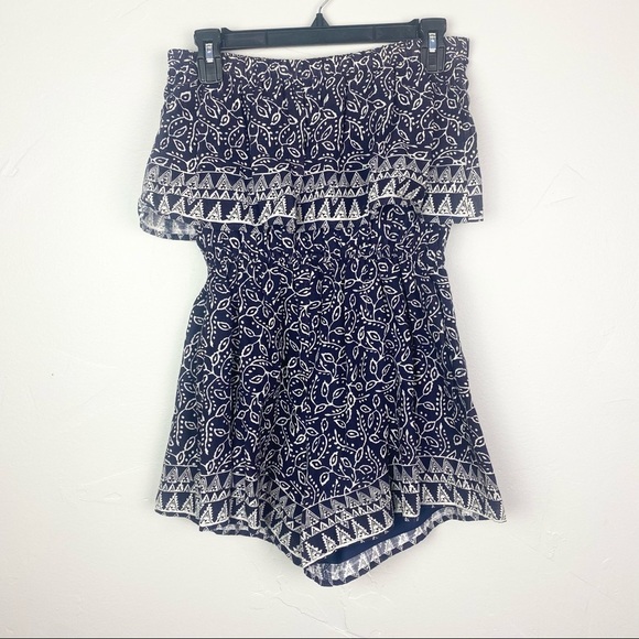 Pants & Jumpsuits | Moon Sky Navy Blue And Cream Printed Ruffle Romper ...